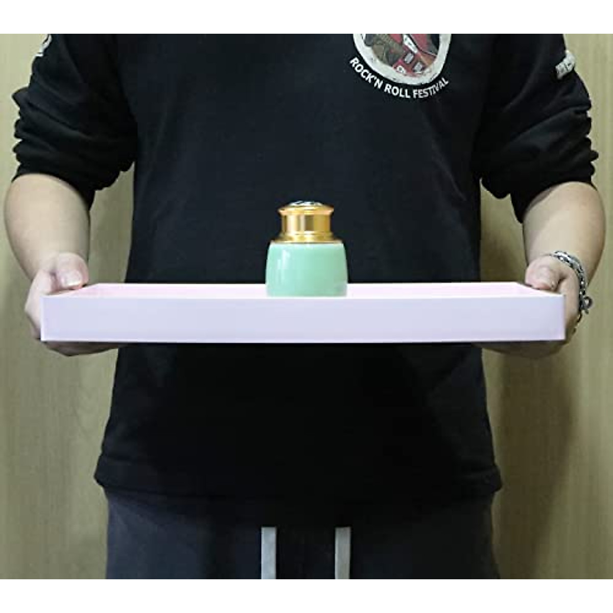 Decorative Tray, Marbling Plastic Tray with Handles, Rectangular Vanity Tray and Serving Tray for Bathroom, Kitchen, Ottoman and Coffee Table (Rectangle, Pink)