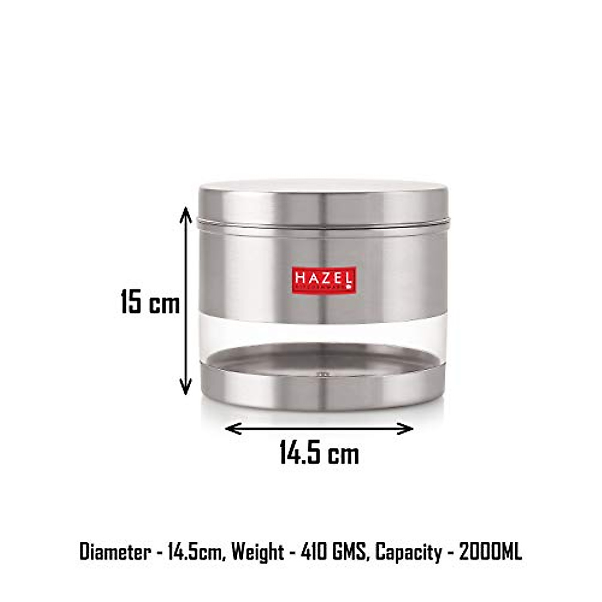 HAZEL Stainless Steel Containers Set For Kitchen Storage Transparent See Through Matt Finish Storage Jars Dabba, Set of 6, 2000 ML Each, Silver