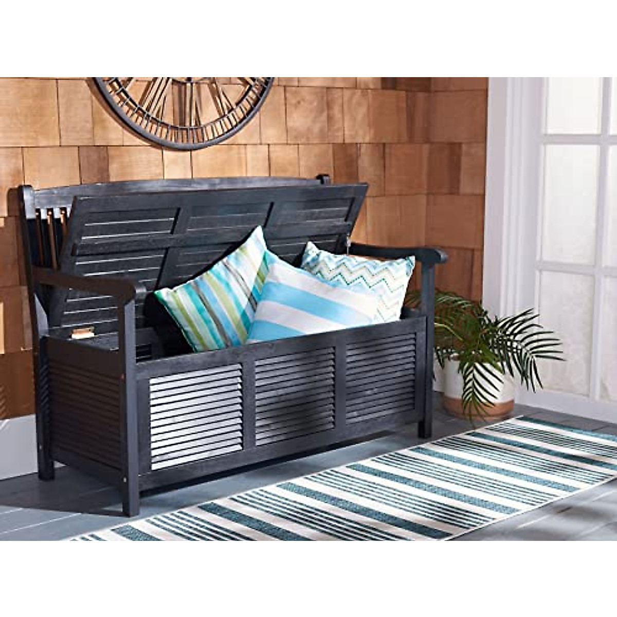 SAFAVIEH Outdoor Collection Brisbane Black Acacia Wood Storage Bench