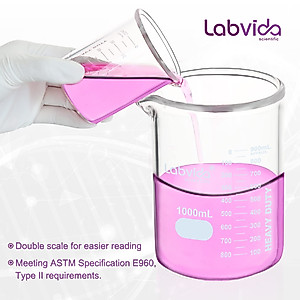 Labvida Heavy Duty Glass Beakers Set 2 pcs of Vol.1000ml Thick-Walled, 3.3 Boro Griffin Low Form with Double Scale Printed Graduation for Laboratories, Industries, Schools and Home use, LVAC014