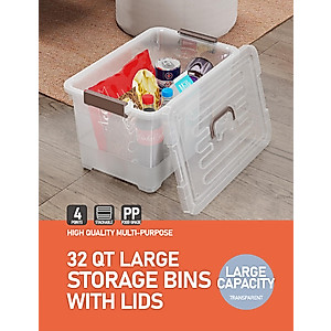WYT 32 Qt Plastic Storage Bin Organizing Container with Durable Lids and Latching Buckle, Tote Box Stackable and Nestable, 4-Pack
