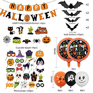 Halloween Party Balloons Banner Supplies Set,include Cupcake Toppers,Selfie Photo Props,Halloween Banner,Bat Wall Stickers,Black Orange Foil Latex Balloons,72Pcs Halloween Theme Party Decorations