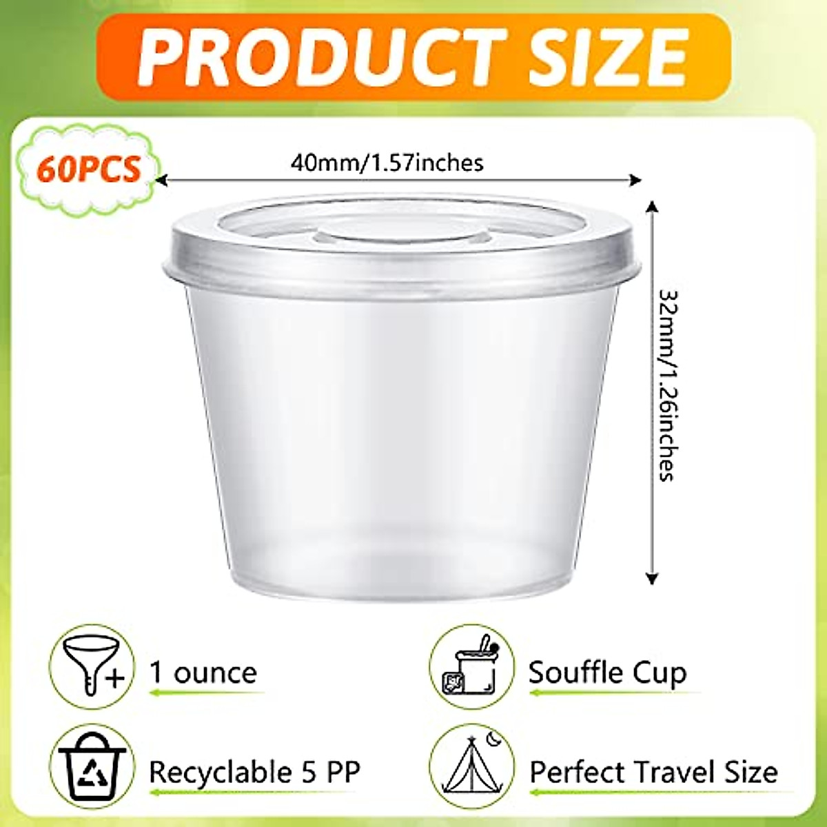 60 Pack Plastic Condiment Souffle Containers with Attached Lids 1 oz, Mini Sauce Cups Jelly Shot Cups Leak Proof Portion Cup Small Disposable Souffle Cups with Lids for Salad Dressing Sauces