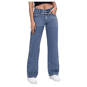 SweatyRocks Women's Casual Low Rise Wide Leg Jeans Chain Straight Leg Denim Pants with Pockets Medium Wash M