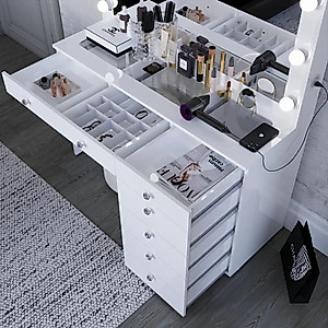 Boahaus Serena Modern Makeup Vanity with Hollywood Light Bulbs Add-On, 7 Drawers, Wide Mirror, Glam Glass Top for Bedroom