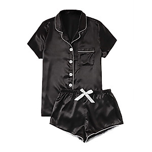 WDIRARA Women's Pajama Sets Satin Short Sleeve Down Shirts and Shorts Sleepwear PJ Set Dull Black Medium