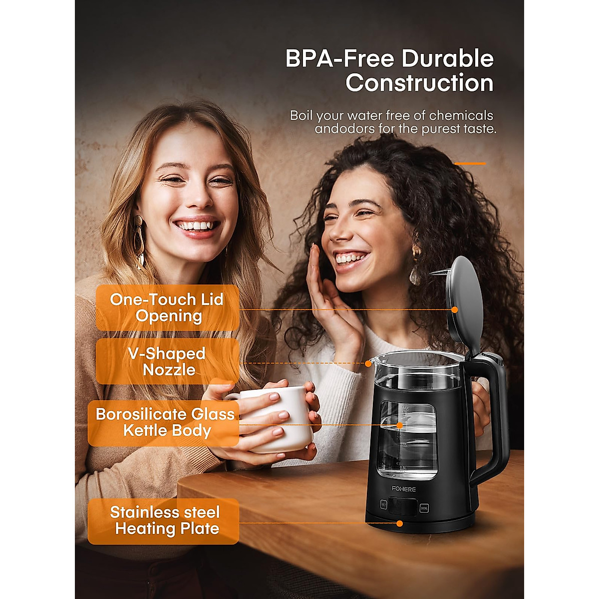 Electric Kettle, 1.7L Glass Tea Kettle, with Keep Warm, 5 Temperature Control, 1500W Fast Boil, Auto Shut-Off & Boil-Dry Protection, with 5 Colored Lights, Black