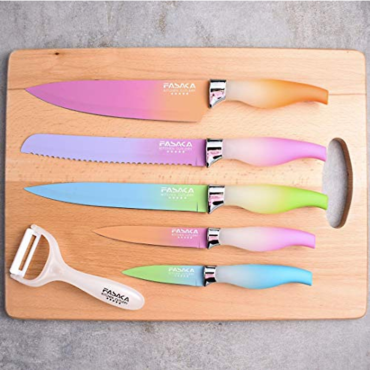 FASAKA 6 Piece Colorful Knife Set - 5 Kitchen Knives with 1 Peeler - Non-Stick Stainless Steel Chef Knife Set - Rainbow Knives with Round PP Handle, Display with Gift Box