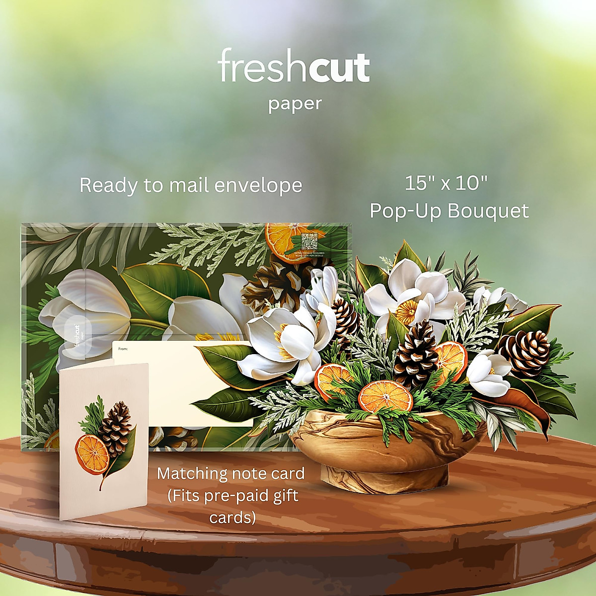 Freshcut Paper Pop Up Cards, Winter Magnolia 15 inch Paper Flower Bouquet Greeting Cards with Blank Note Card & Envelope, Birthday Gifts for Women, Holiday Cards