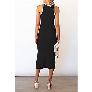 Pink Queen Women's Sleeveless Bodycon Dresses Crew Neck Cutout Side Slit Club Knit Midi Dresses Black L