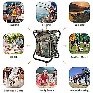 Kikerike Folding Stool Backpack Insulated Cooler Bag, Collapsible Camping Hunting Fishing Multifunction Chair with Front Pocket and Bottle Pocket for Outdoor Events, Hiking, Travel, Beach