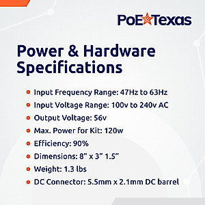 PoE Texas 56v 120w PoE Compatible Power Supply with Wall Mounting Tabs - Easy Installation for Long Distance Power Over Ethernet Network Switch, Injector, Adapter, Extender, 802.3af, 802.3at Devices