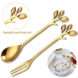 12PCS Leaf Flower Coffee Spoon Set, FULANDL Stainless Steel Tea Spoon Dessert Demitasse Espresso Spoons and Forks, Reusable Tableware Stirring Spoon Ice Cream Spoon for Coffee, Tea, Cake (Gold)