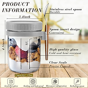 Sieral Set of 4 Overnight Oats Jars with Lid and Spoon Containers 10 oz Airtight Measurement Marks Large Capacity Reusable Oatmeal Container Salad Cup for Cereal Yogurt Milk Vegetables