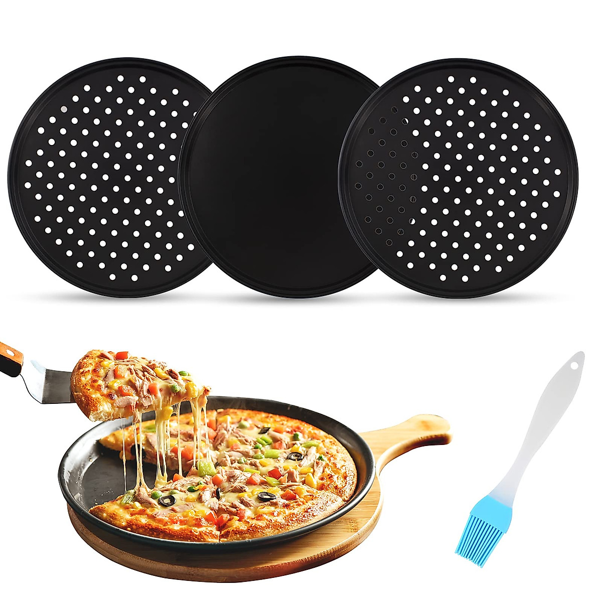 3PC Nonstick Pizza Tray for Oven, TWUTGAYW Cast Iron Pizza Pans With Holes 12.5 in, Pizza Serving Tray, Carbon Steel with Non Stick Surface, Round Pizza Tray Baking Pizza Set for Home Kitchen Oven Use
