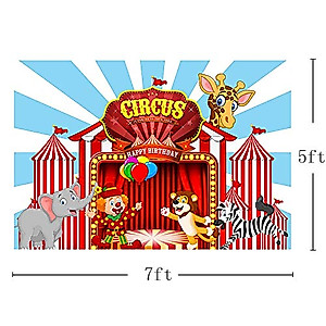 MEHOFOND Circus Birthday Photo Studio Booth Background Red Stripes Animals Circus Carnival Kids Happy Birthday Party Decorations Backdrops Banner for Photography 7x5ft