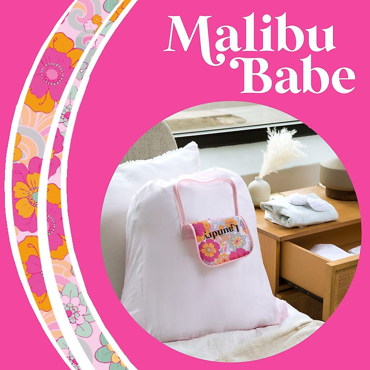 Miamica Malibu Babe Foldable Travel Laundry Bag, Pink Multicolor Flowers – Lightweight, Durable Design with Drawstring Closure, One Size