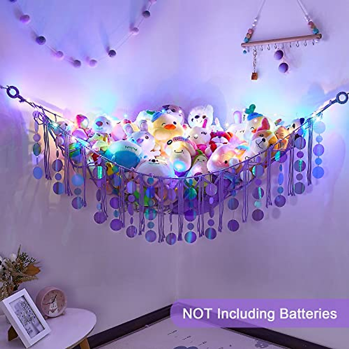 FIOBEE Stuffed Animals Hammock Net Toy Storage Organizer with LED Light, Stuffed Animals Storage Girls Room Décor Wall Hanging with Sequins for Kids Bedroom Nursery Playroom, Purple