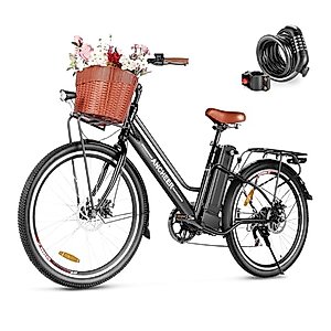 ANCHEER Electric Bicycle, 26'' Electric City Bike, Low Frame Electric Bike with 36V/13 Ah Lithium Battery and 350W Powerful Motor, Step Through Commuter Ebike with Basket for Woman Man