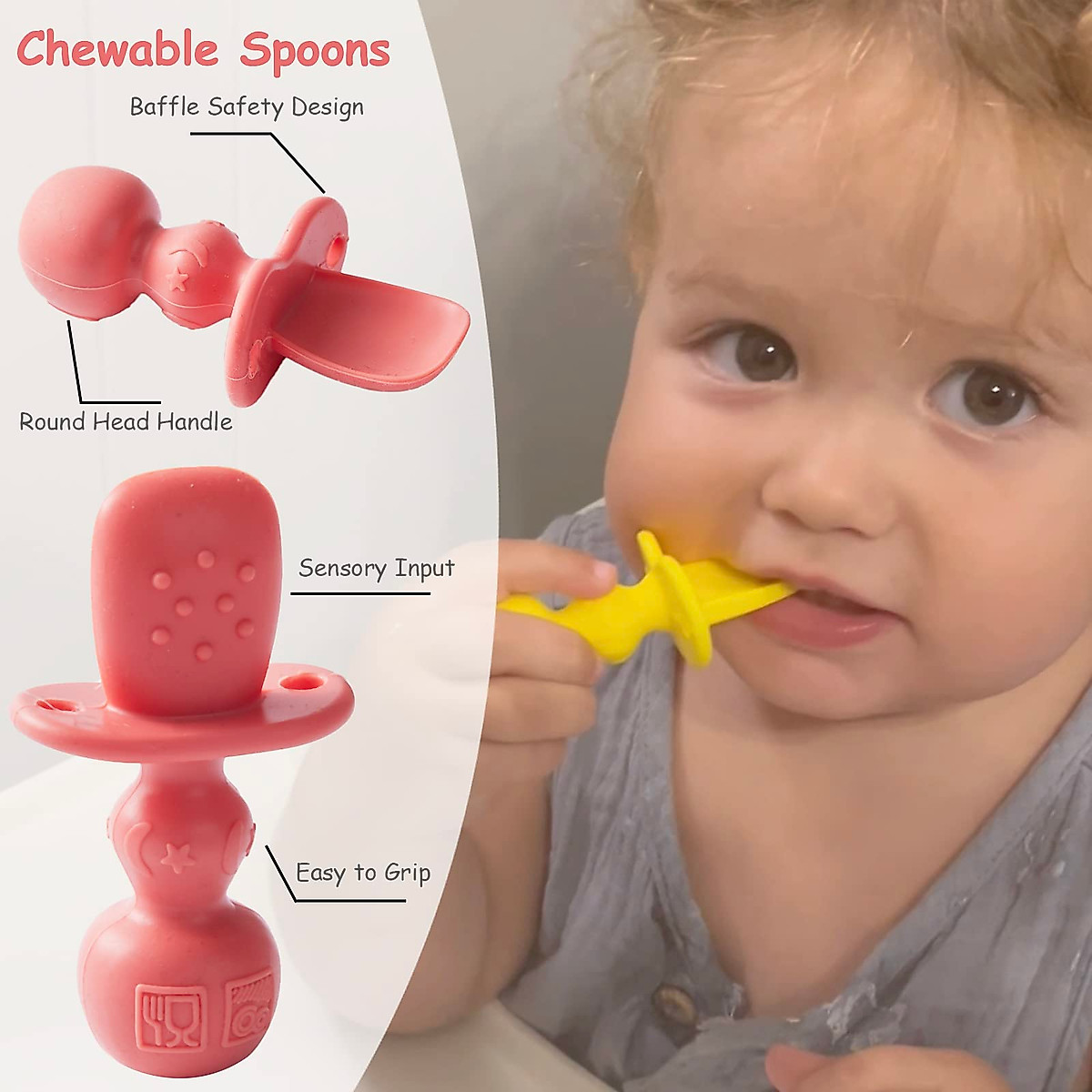 HEYTUYA 4 Pack Silicone Baby Spoons Self Feeding 6+ Months, Infant Toddler Utensils for Baby Led Weaning, First Stage Self Feeding Supplies Chewable Utensils, Grey, Blue, Light Red, Orange