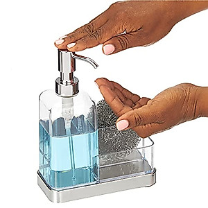 mDesign Plastic Kitchen Sink Countertop Hand Soap Dispenser Pump Bottle Caddy Organizer Holder with Storage for Bathroom - Holds Dish Sponge and Brushes - Omni Collection - Clear/Chrome