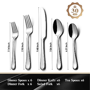 KINGSTONE 30 Pieces Silverware Set for 6, Premium Stainless Steel Flatware Set, Heavy Duty and Modern Design Cutlery Set, Mirror Polished, Dishwasher Safe