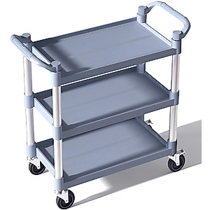 BRLJUNEO Plastic Utility Carts with Wheels, 3-Tier Medium Size Restaurant Food Cart, Heavy Duty 510lbs Capacity Rolling Service Cart w/Hammer for Commercial, Kitchen, Office (Lockable Wheels, M-Grey)