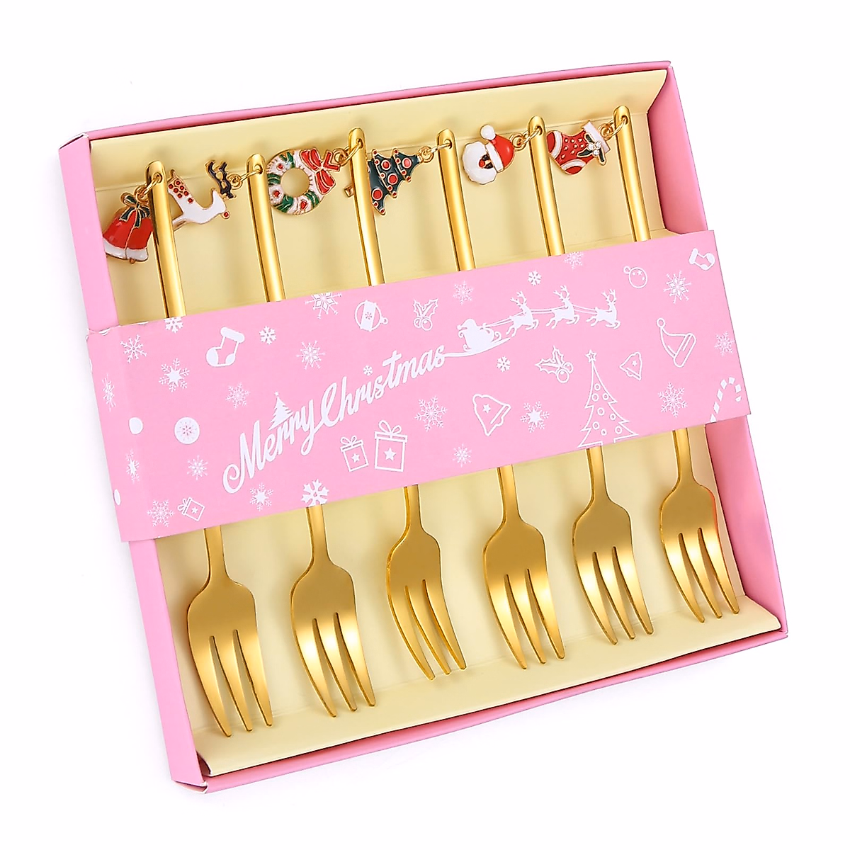 A · HOUSEWARE Dessert Forks Gold Christmas Silverware Set Stainless Steel Flatware Small 6 Pieces Appetizer Utensils With Xmas Charms Handle for Festival Parties and Everyday Use