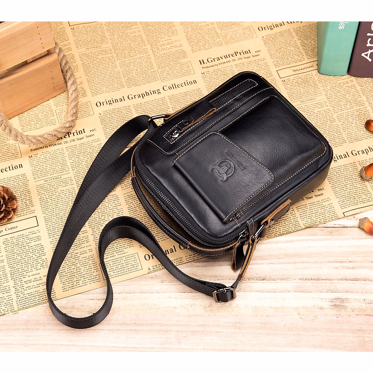 BULLCAPTAIN Genuine Leather Men Bags Small Shoulder Crossbody Bag for Men Everyday Casual Travel Messenger Bag Handbag (black)
