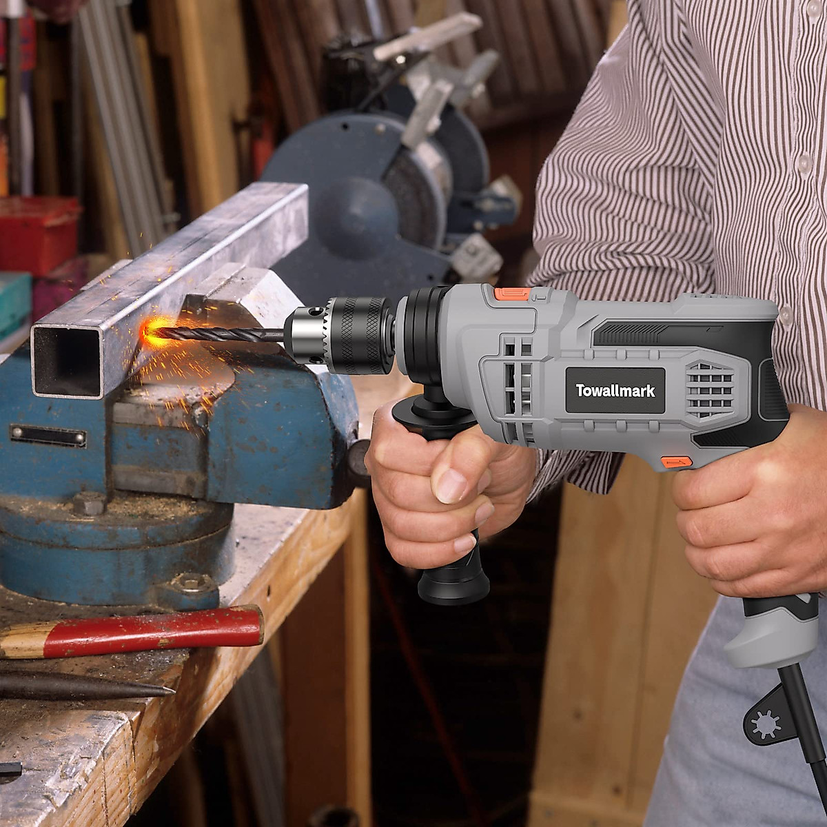 Towallmark 7-Amp (850W) Hammer Drill, 1/2-Inch Corded Electric Hammer Drill with 3000RPM, Variable Speed, 10 Drill Bits for Home Improvement, DIY, Steel, Masonry, Wood (NOT for Reinforced Concrete)