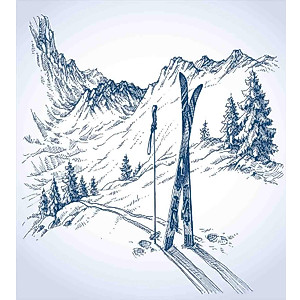 Ambesonne Winter Duvet Cover Set, Sketchy Graphic of a Downhill Ski Elements in Snow Relax Calm View, Decorative 3 Piece Bedding Set with 2 Pillow Shams, California King, Blue White