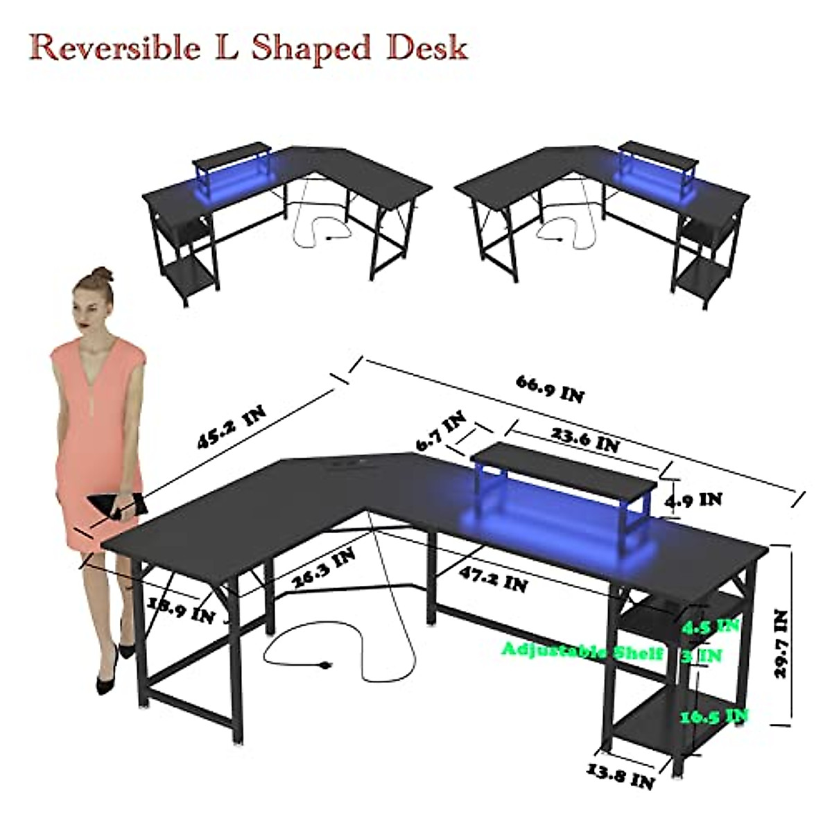 SZXKT L Shaped Computer Desk with Monitor Stand and Power Outlets,Gaming Desk with Storage Shelf and LED Lights,Home Office Reversible Corner with Hooks (Black)