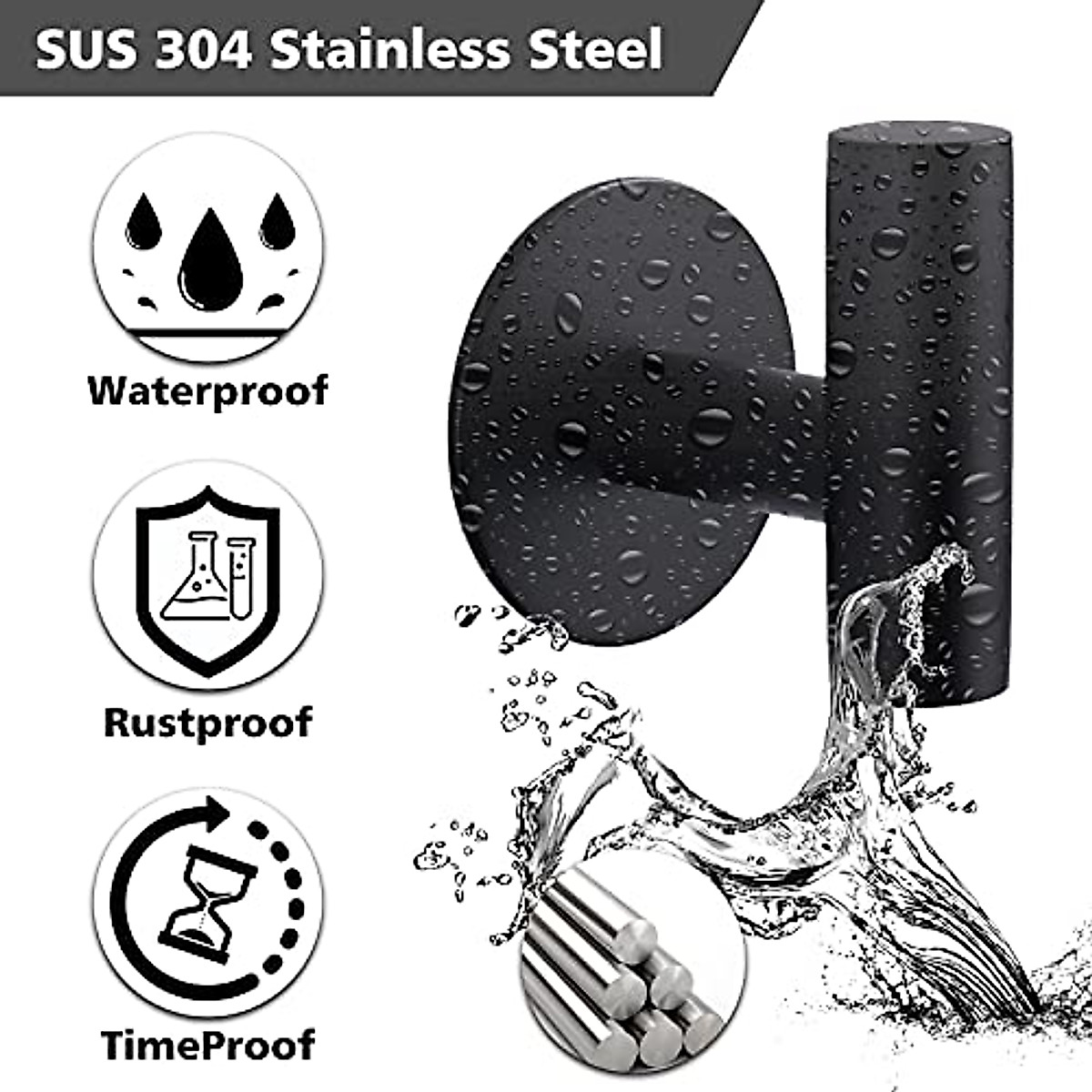 Adhesive Towel Hooks, Heavy Duty Wall Hooks Stainless Steel Waterproof Shower Towel Hooks, Coat Hooks for Hanging Clothes, Door Hooks Adhesive Hooks for Bathroom- 4 Pack, Black