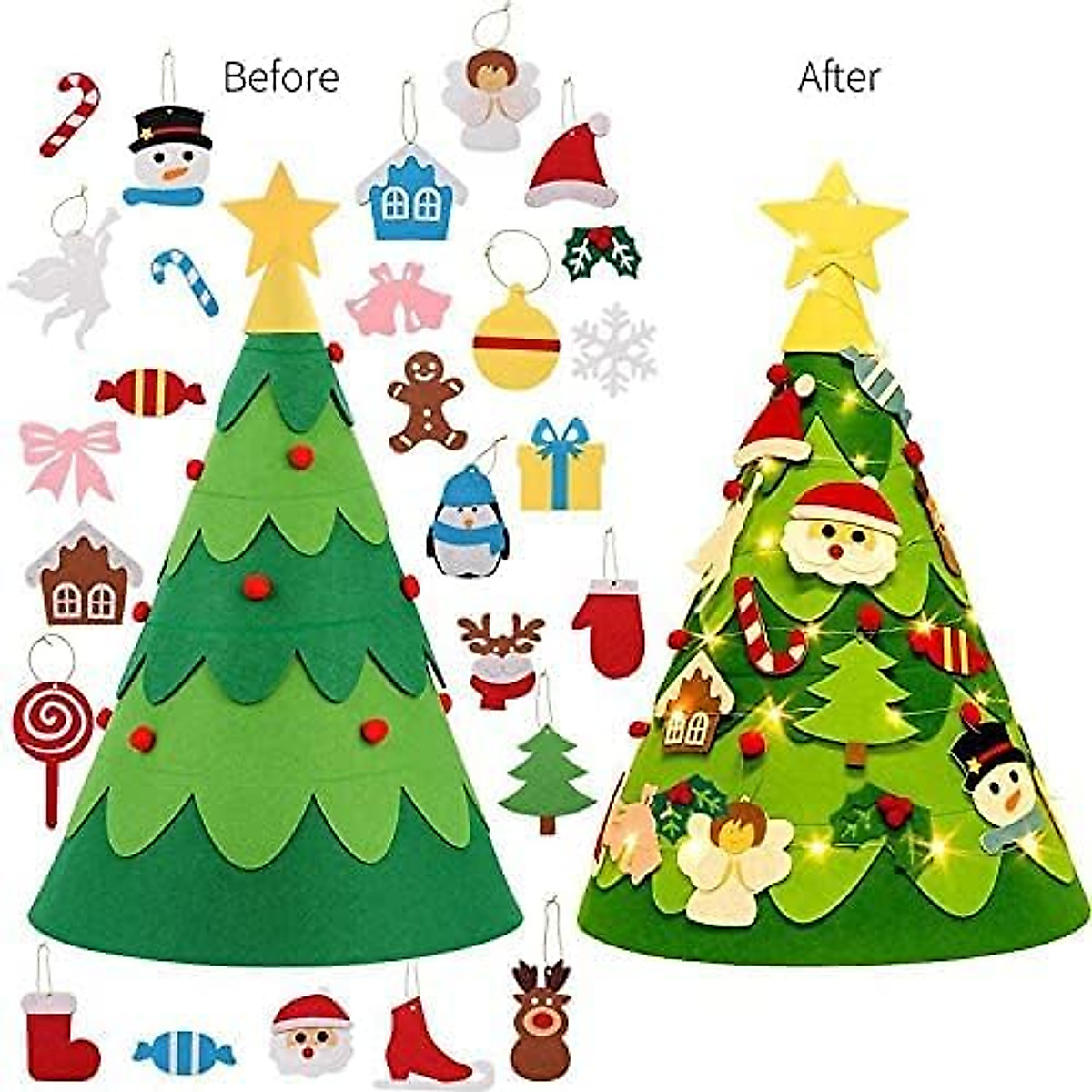 diuna 3D DIY Felt Christmas Tree, Handmade DIY Decoration and 18 Different Ornaments, Gifts for Kids New Year Christmas Decorations Gifts with LED