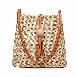 GL-Turelifes Medium Straw Bag Hand Weave Beach Handbag Summer Crossbody Shoulder Bags Bucket Tassel Totes for Women