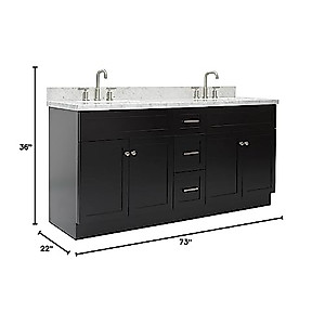 ARIEL 73" Black Double Vanity, 1.5" Edge Italian Carrara Marble Countertop & Splash, Rectangular Sink, 4 Soft Closing Doors, 3 Full Extension Dovetail Drawers, Built in Toe Kick, Brushed Nickel