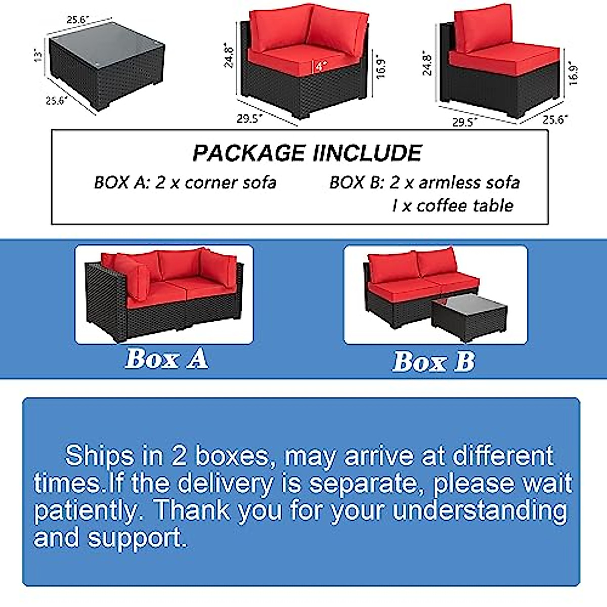 Shintenchi 5 Pieces Outdoor Patio Sectional Sofa Couch, Black PE Wicker Furniture Sets, Patio Conversation Sets with Washable Cushions Glass Coffee Table for Garden, Poolside, Backyard,Red