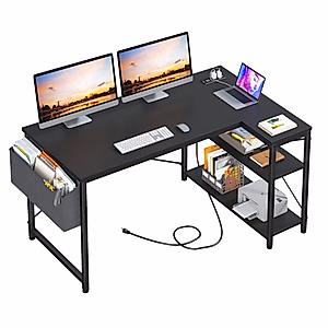 EnHomee 47" Computer Desk with Power Outlets,L Shaped Desk with Storage Shelves,Home Offic Corner Desk for Work,Writing Study Desk with Gaming Desk for Bedroom Office Dorm,Black