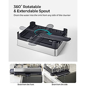 SONGMICS Dish Drying Rack - 2 Tier Dish Rack for Kitchen Counter with Rotatable and Extendable Drain Spout, Dish Drainer with Utensil, Cup, Glass, Cutting Board Holders, Gray UKCS032E01