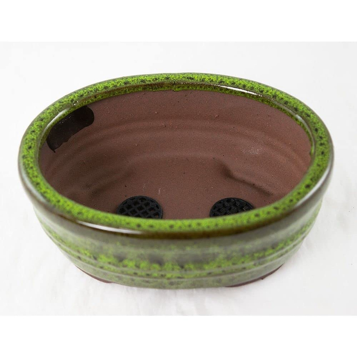 1 Pcs Oval Glazed Succulent, Bonsai Pot With Mesh & Wire 6"x 4.5"x 2.5" - Moss Green