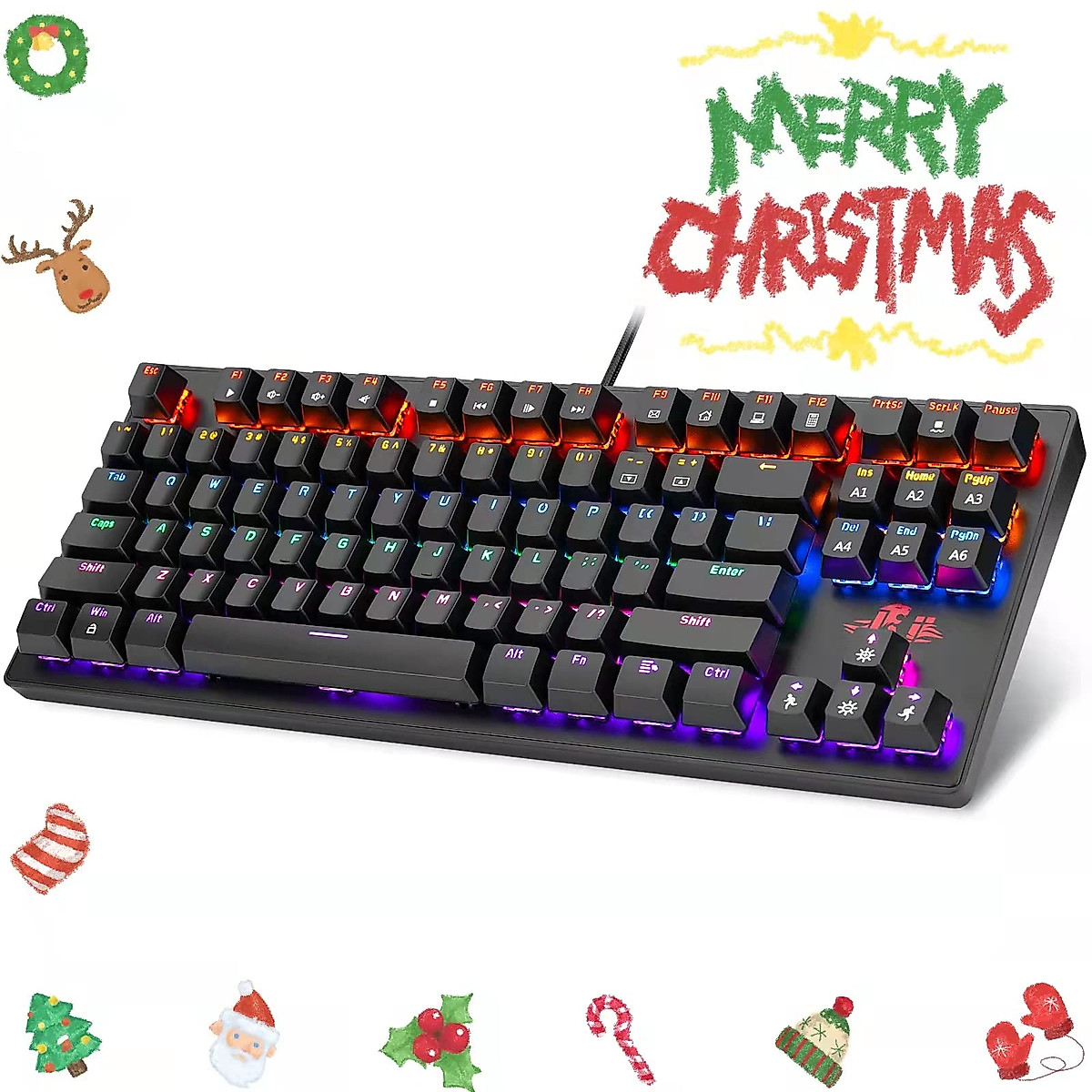 Rii RK908 Mechanical Gaming Keyboard RGB LED Rainbow Backlit Wired Compact Keyboard with Blue Switches 87 Keys for Windows PC Gaming