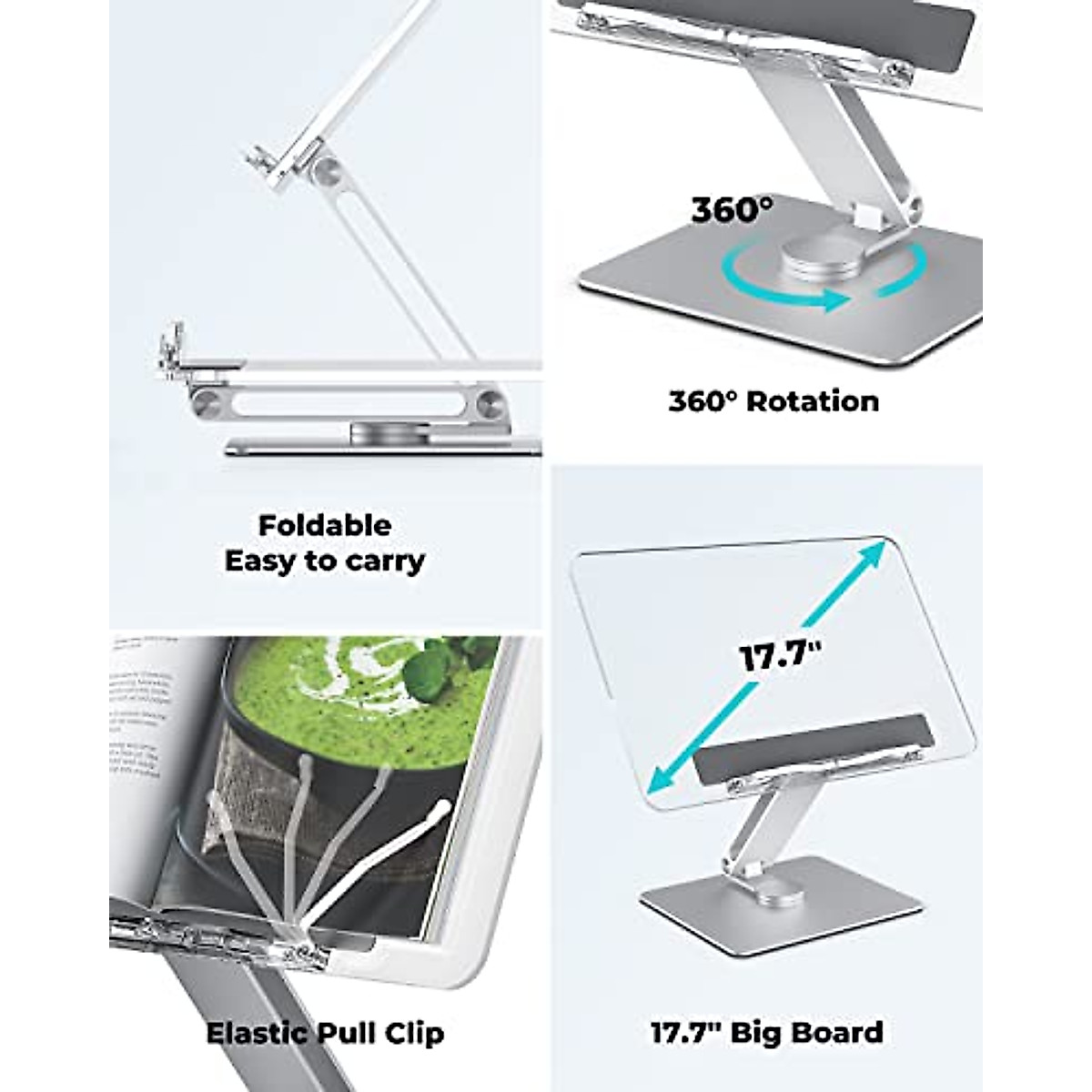 viozon Acrylic Book Stand for Reading,Cookbook Holder, Adjustable Height&Angle, 360° Rotating Base, Aluminum, Foldable & Portable, for Office, Kitchen, School Textbook, Recipe, Magazine,Tablet,Laptop
