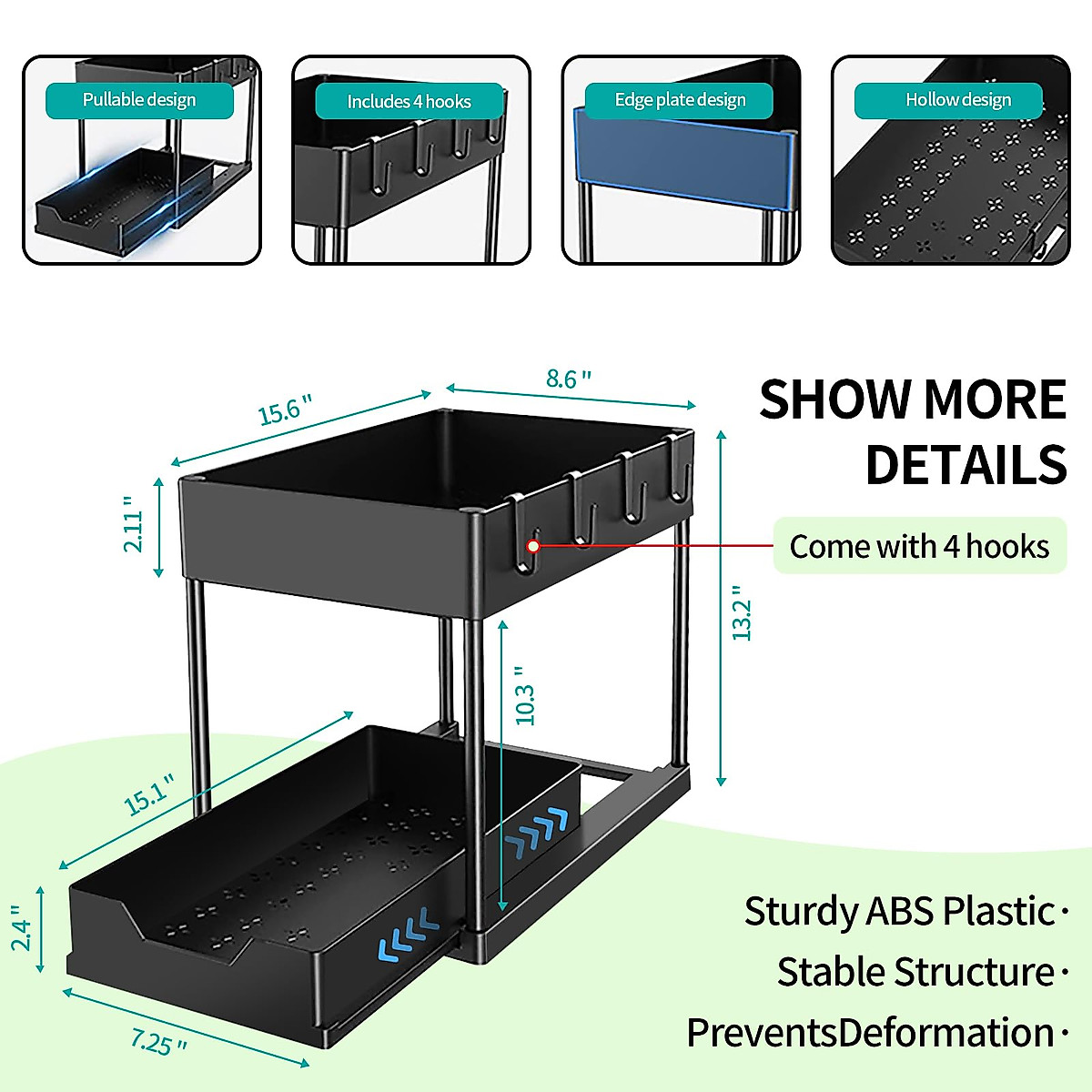 Kitchen Multi-Purpose Sink Organiser, Under Drawer Organiser, Under Sink Storage, 2 Tier Under Cabinet Organiser with Hooks and Cups, Cupboards, Bathrooms and Kitchens, Black