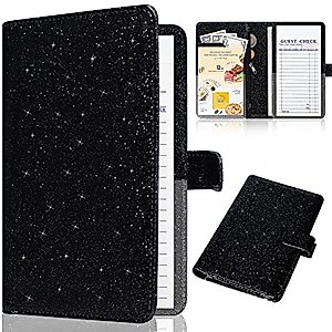Server Book for Waitress-Leather Waitress Book Organizer with Zipper Pocket Cute Waiter Book Server Wallet with Magnetic Closure, Glitter Black