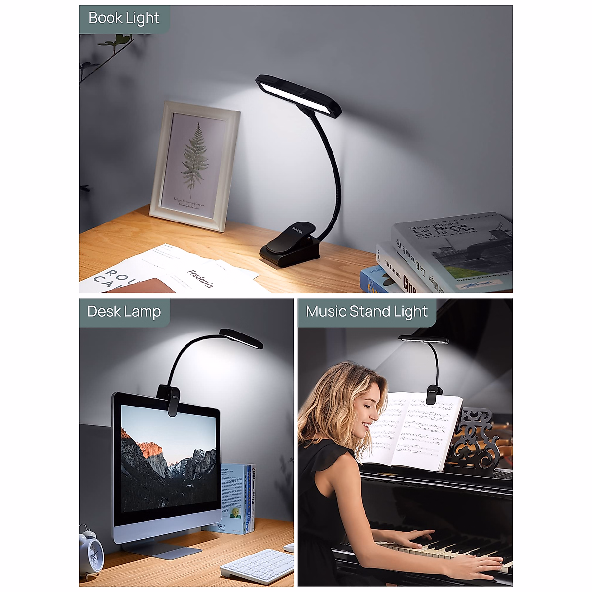 Kootek Music Stand Light, Eye Caring Clip-on Piano Light, 360° Flexible Neck Adjustable Brightness USB Rechargeable Light Lamp for Piano, Sheet Music, Book Reading