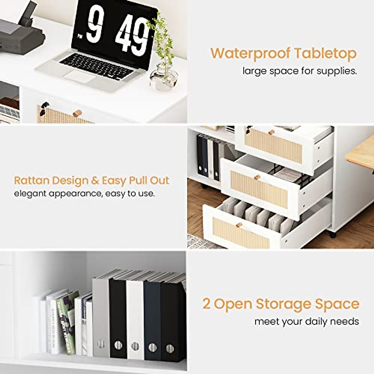 AWQM Wood Filing Cabinet with Lock,3 Drawers Office Storage Cabinet Printer Stand with Open Storage Shelves,Rattan Mobile File Cabinet for Home Office,White