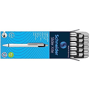 Schneider Slider Xite XB (Extra Broad) Ballpoint Pen, Refillable + Retractable, 1.4 mm, White Barrel w/Blue Accents, Black Ink, Box of 10 Pens (133201)