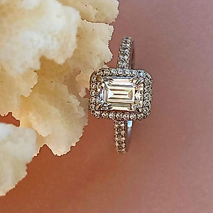 BeFab Silver 1.0 Ct (7x5mm) Emerald Cut Engagement Ring Accented Halo Wedding Ring Half Eternity Radiant Cut Anniversary Ring (Silver, 7)