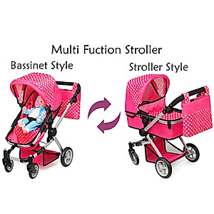 Fash N Kolor | Foldable Pram for Baby Doll with Flower Design with Swiveling Wheel Adjustable Handle Bassinet Stroller with Baby Doll, Convertible Seat, and Basket, and Free Carriage Bag