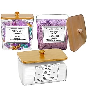 3 Pack Laundry Pods Container & Dryer Sheet Holder, Square Plastic Laundry Room Organization Storage Containers with Lids, 13 Labels & Scoops for Powder, Scent Booster, Pods, Beads, Bath Bombs, Soap